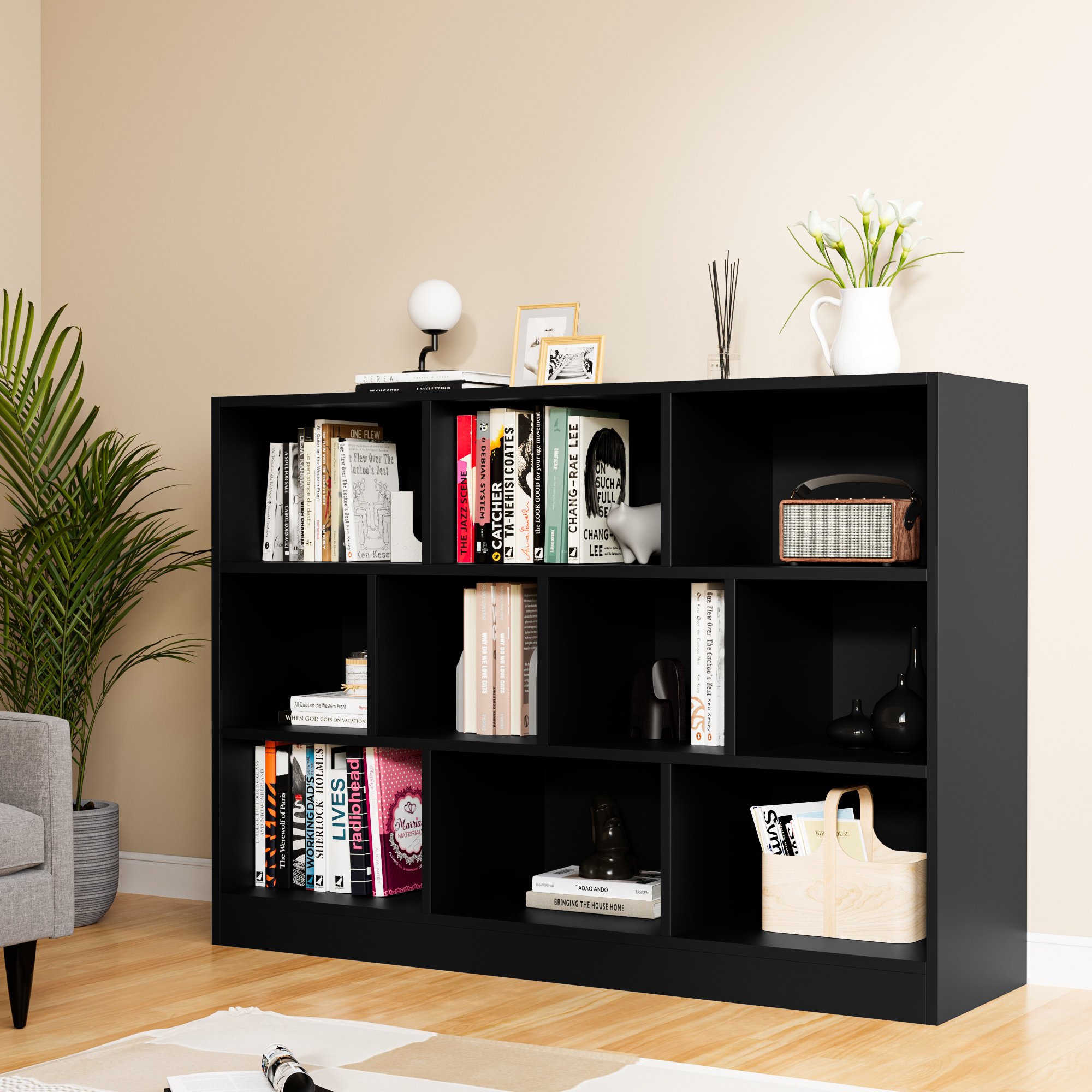 Presly 3 Tier Cube Bookcase Modern Bookshelf with 10 Cubes Ebern Designs Color Black Size 10 Shelves 40.95 H x 55.12 W x 11.61 D